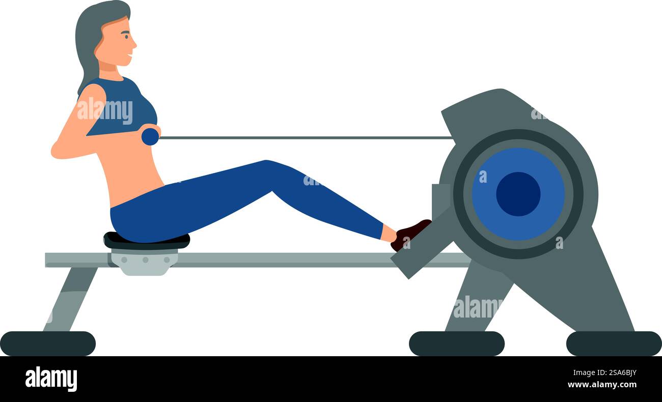 Fitness girl exercising using rowing machine, training on white ...