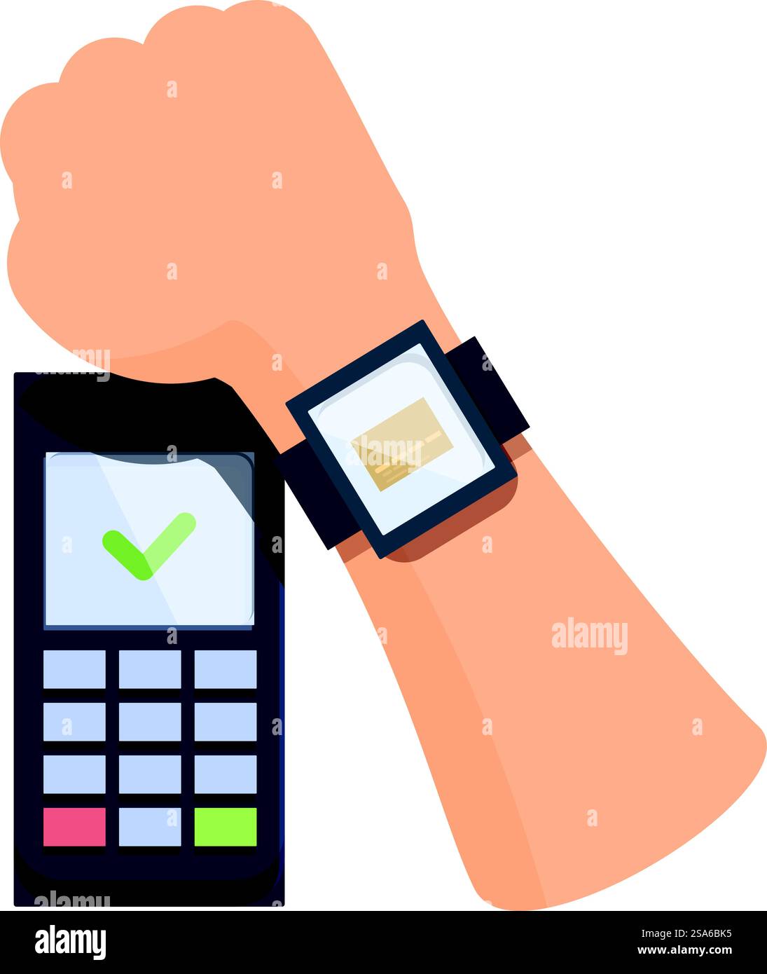 Hand with a smartwatch making a contactless payment on a pos terminal ...