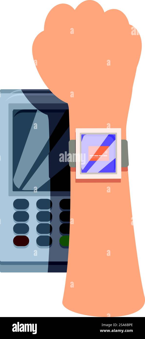 Hand wearing smartwatch making contactless nfc payment on pos terminal ...