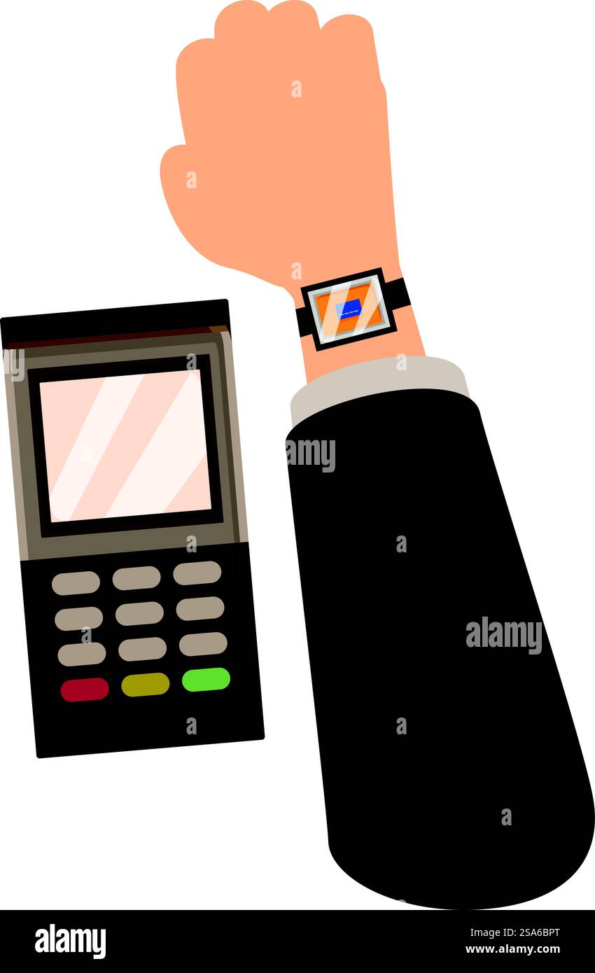 Businessman paying contactless with his smartwatch at a pos terminal ...