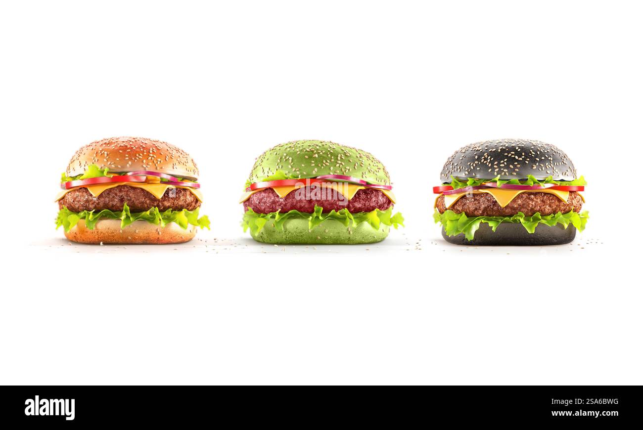 Beef and vegan hamburger colored bun mockup, front view, 3d rendering ...