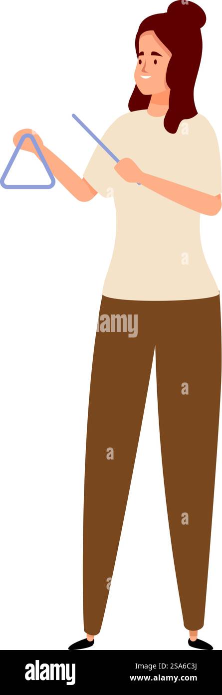 Smiling girl playing a triangle musical instrument, having fun making ...