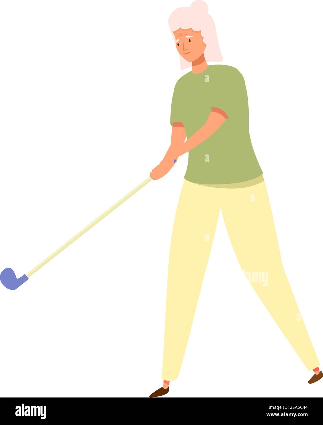 Elderly lady is playing golf, holding a club and taking a swing. Senior ...