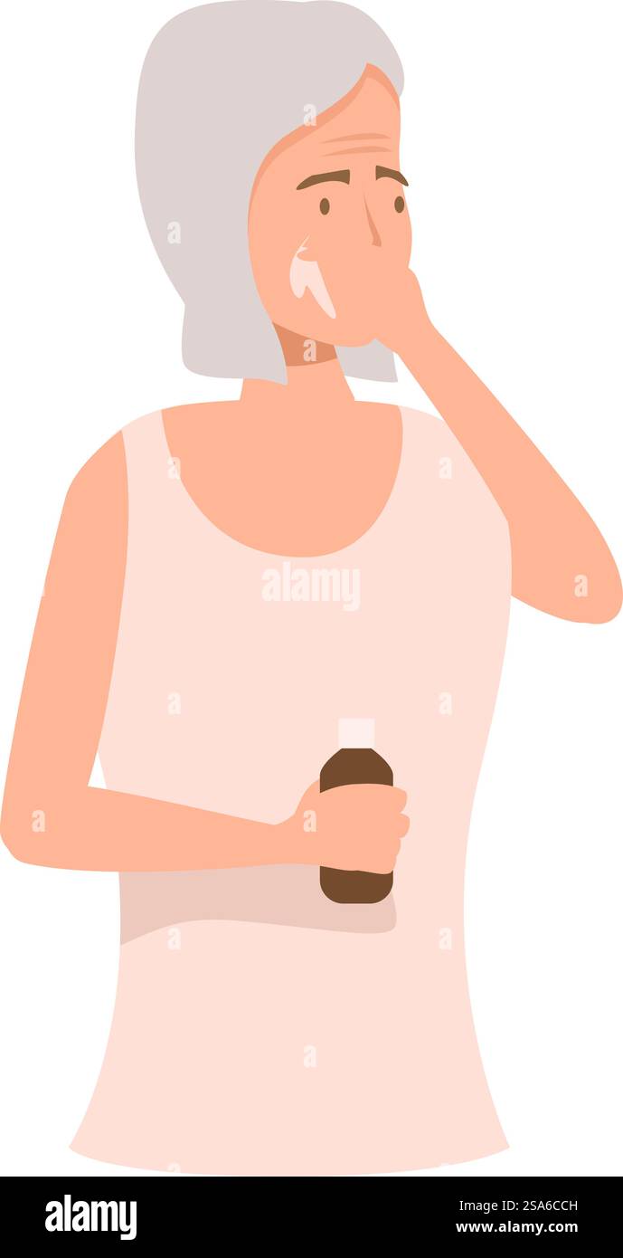 Senior woman applying anti aging cream on her face, taking care of her skin. Senior woman ...