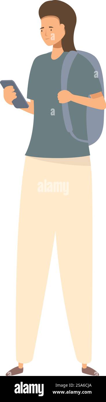 Female tourist character with backpack using smartphone for navigation ...