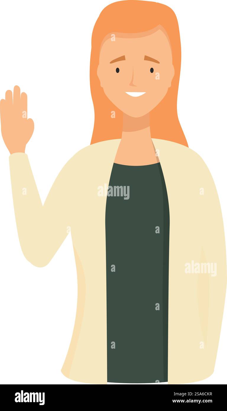 Young woman waving hand greeting gesture flat cartoon style. Friendly ...