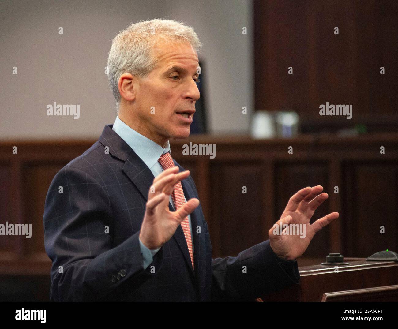 Lead defense lawyer Brian Steel makes his opening statement to the jury ...