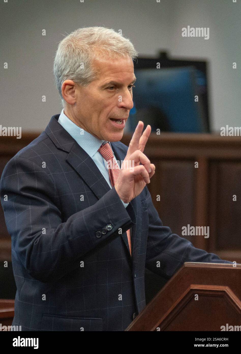 Lead defense lawyer Brian Steel makes his opening statement to the jury ...