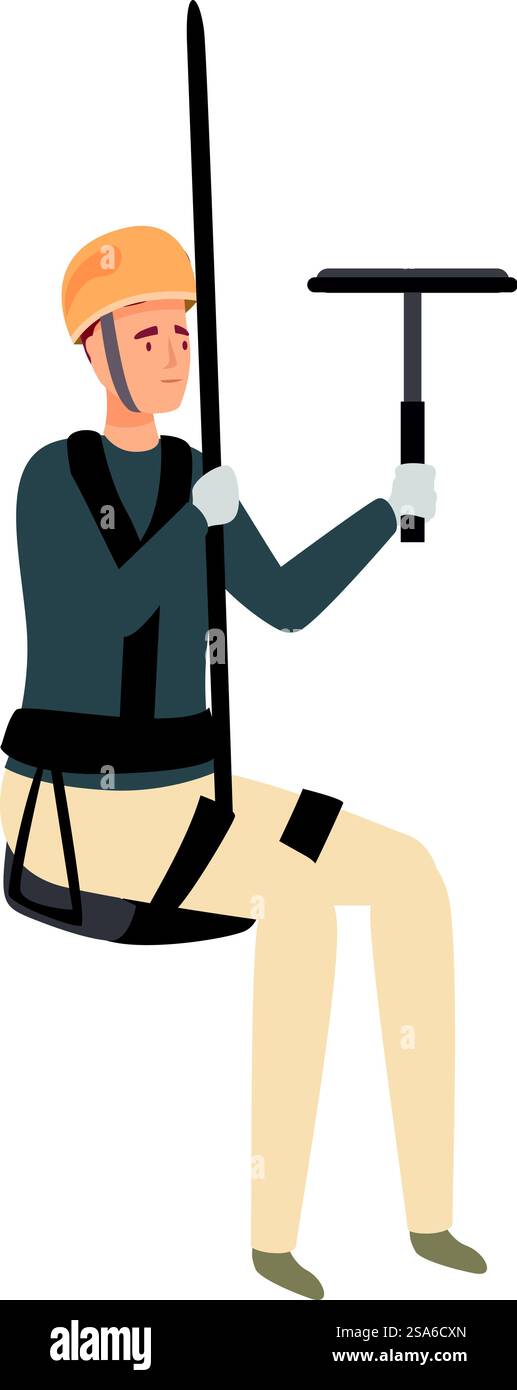 Window cleaner wearing safety equipment is working at height ...