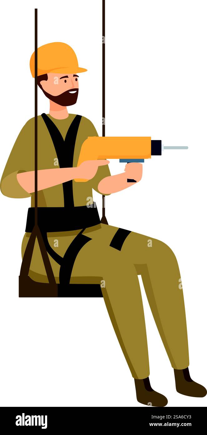 Construction worker with safety harness using drill hanging on ropes at ...