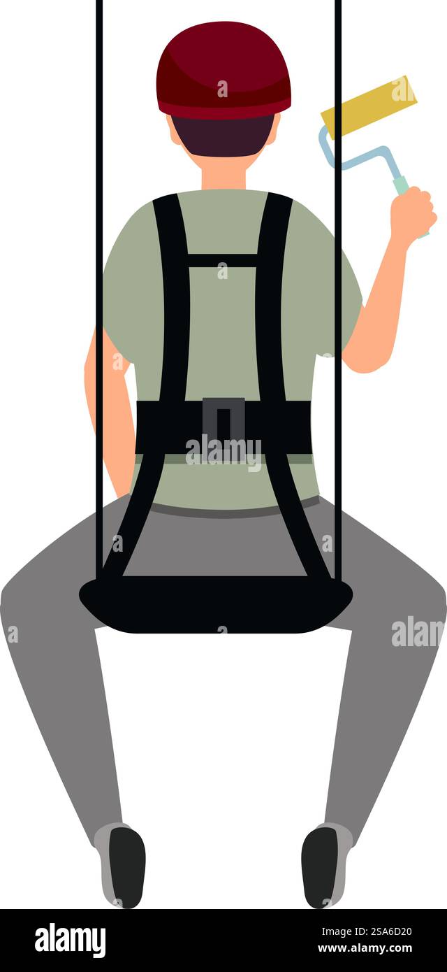 Construction worker is painting a high rise building while suspended in ...