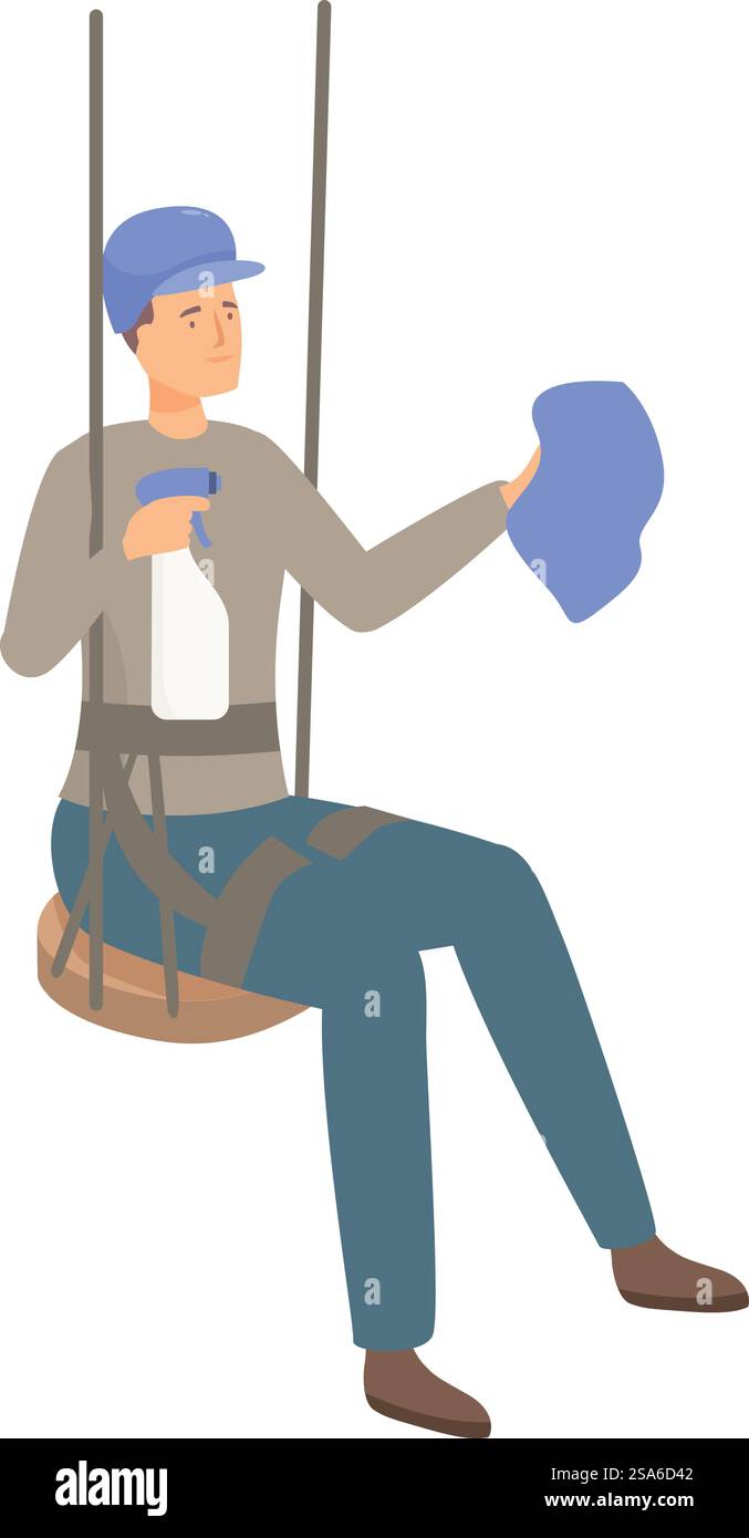 Professional industrial climber is carefully cleaning windows while ...