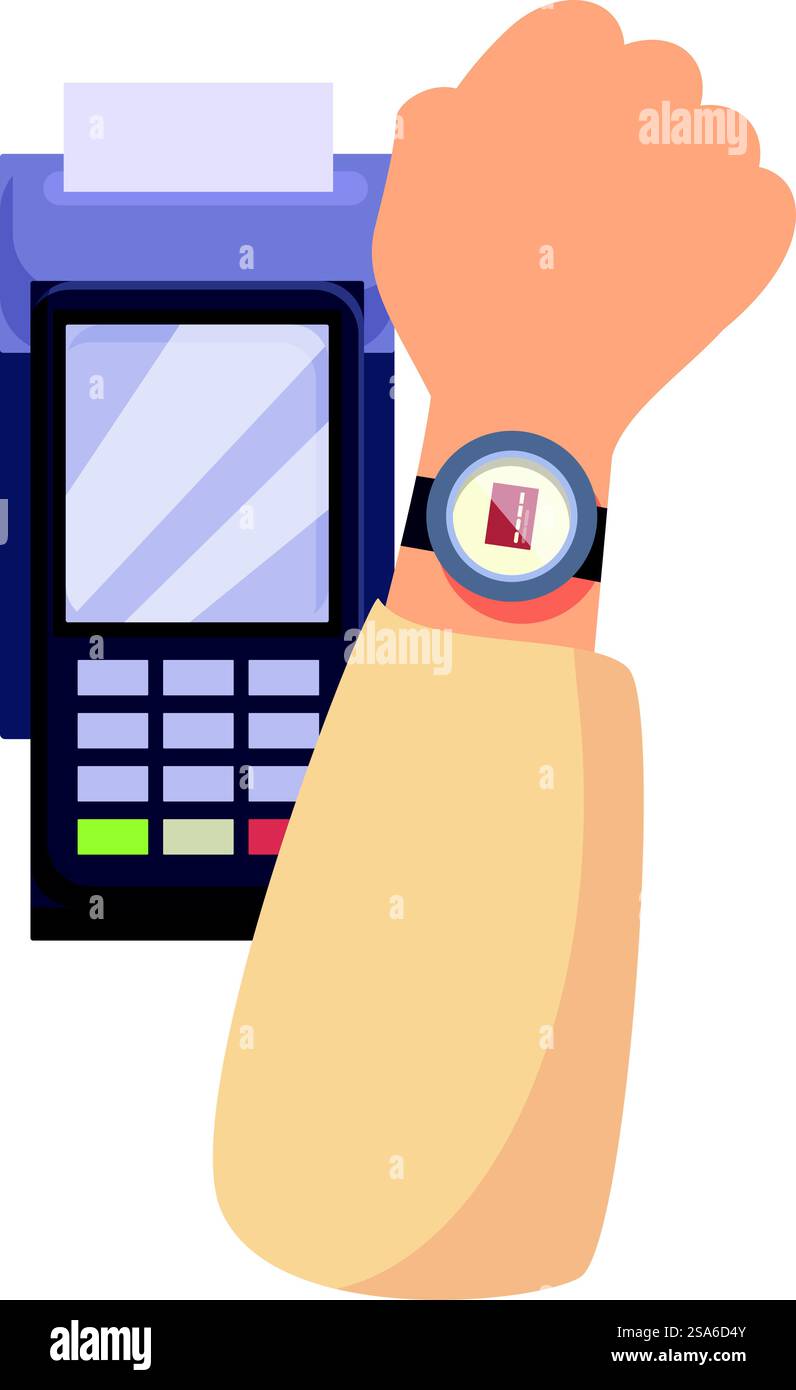 Hand holding a smartwatch making a contactless payment on a pos ...
