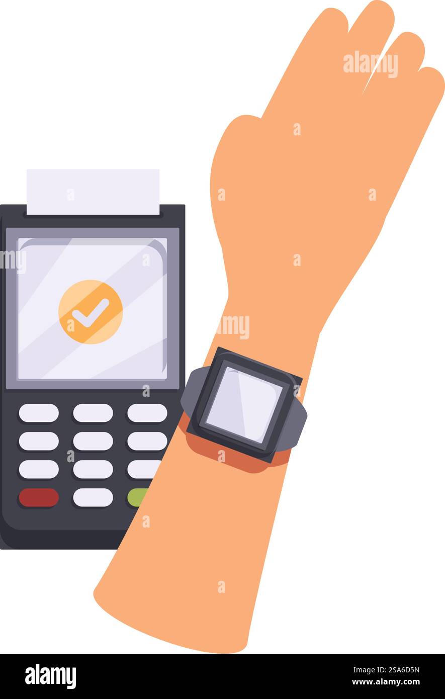 Customer making contactless nfc payment using smartwatch for purchase in store. Hand holding ...