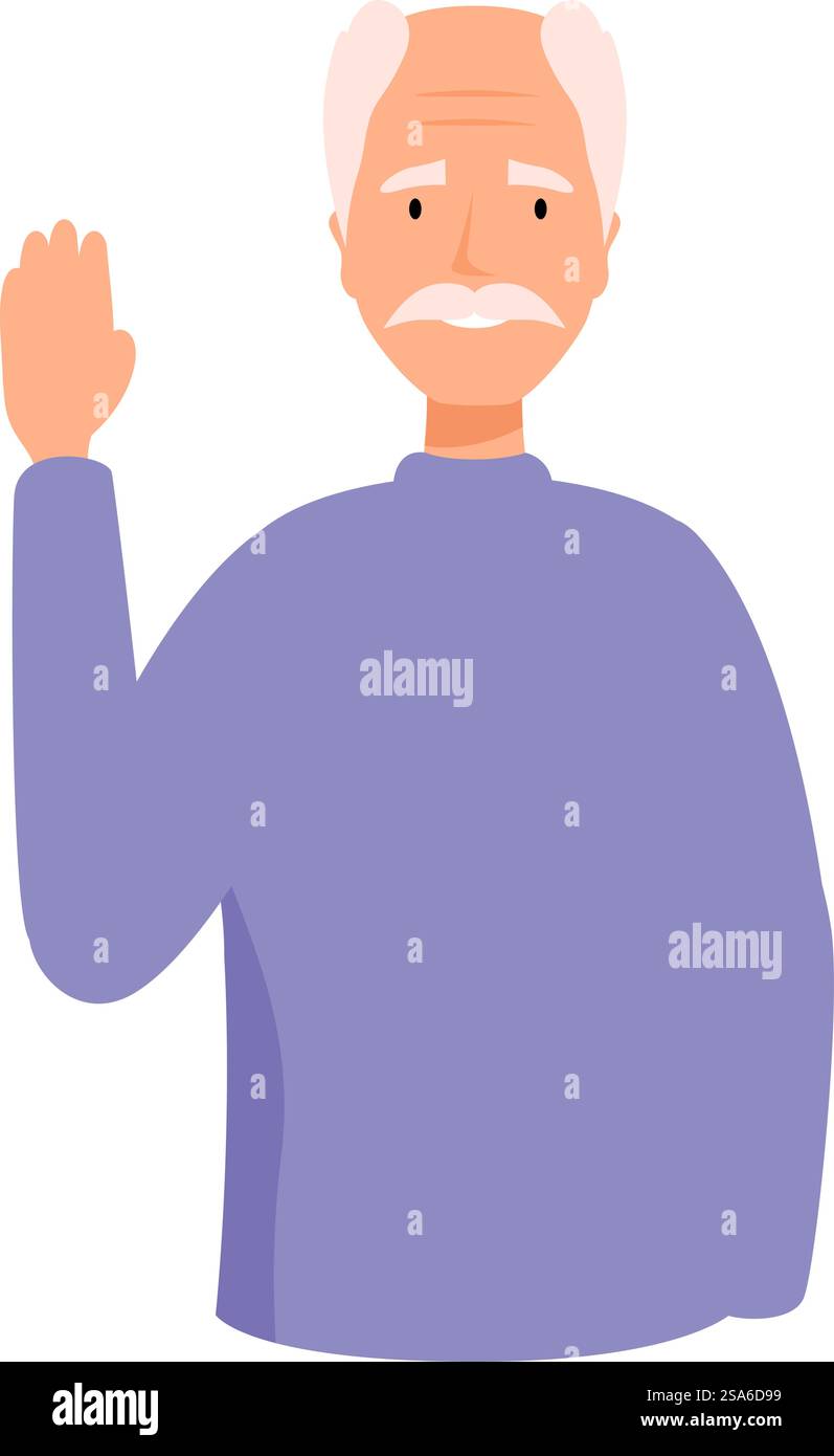 Senior man with white hair and mustache waving his hand in greeting ...