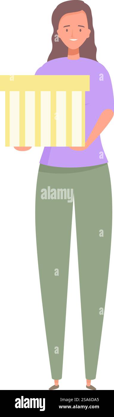 Young woman is smiling while holding a storage box, suggesting an ...