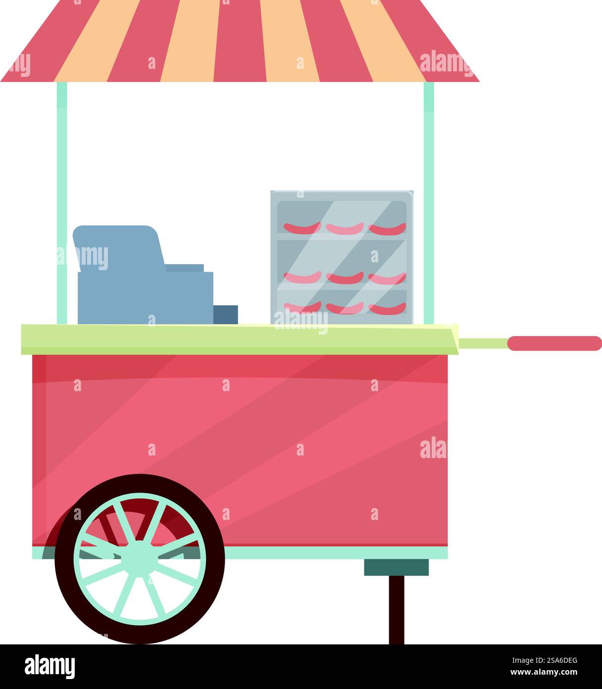 Mobile hot dog stand with striped awning selling street food. Classic ...