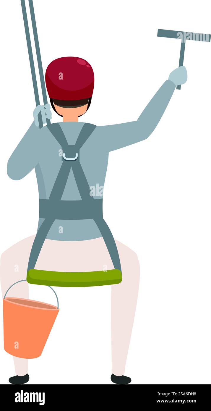 Industrial climber wearing safety equipment is cleaning windows while ...