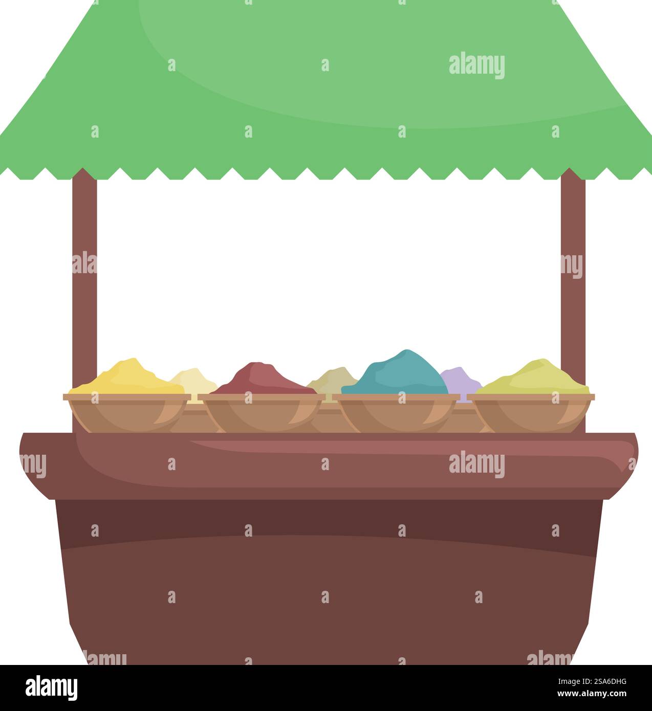 Colorful spices are neatly arranged in bowls on a simple wooden market ...