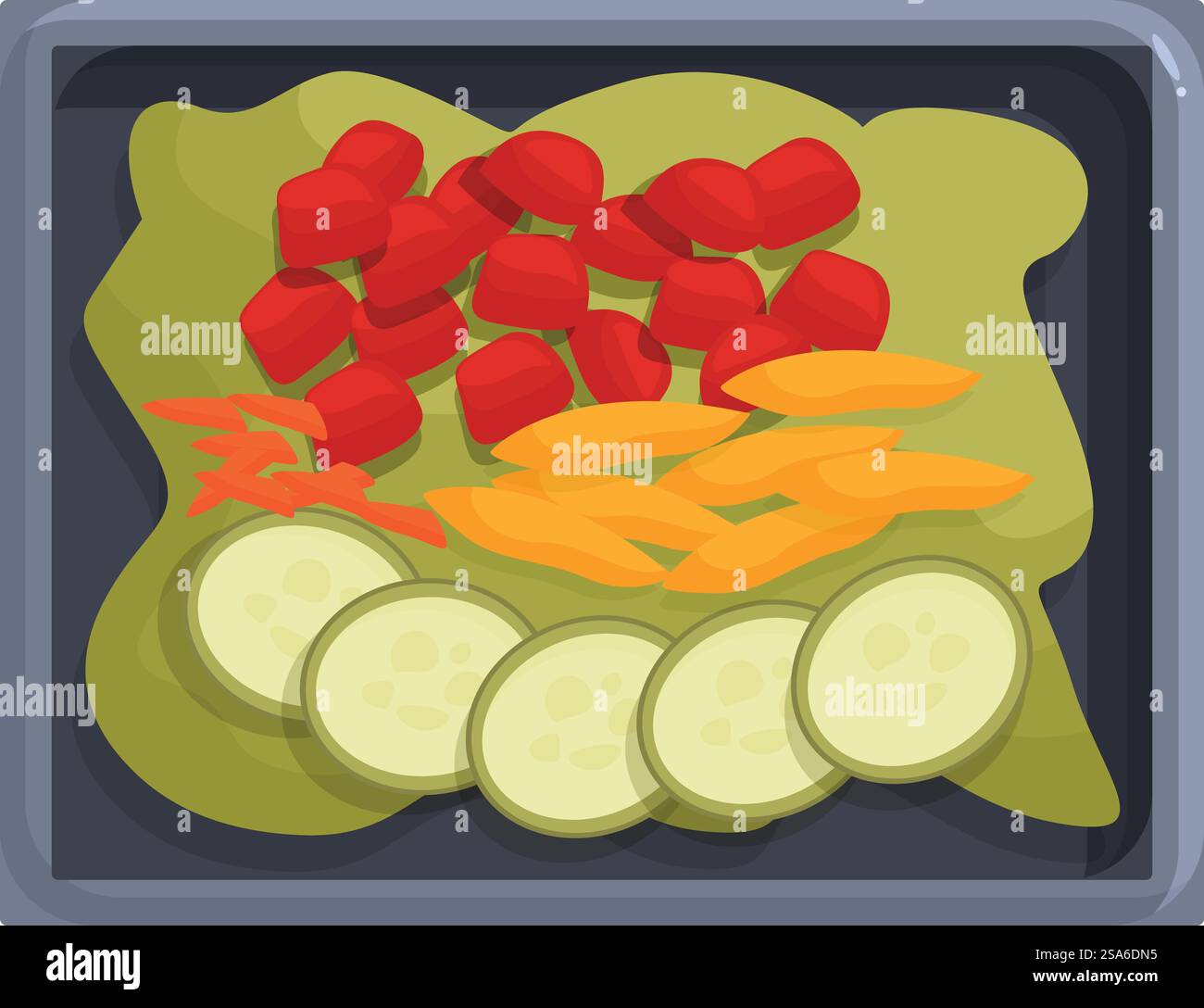 Baking tray is filled with chopped vegetables including zucchini ...
