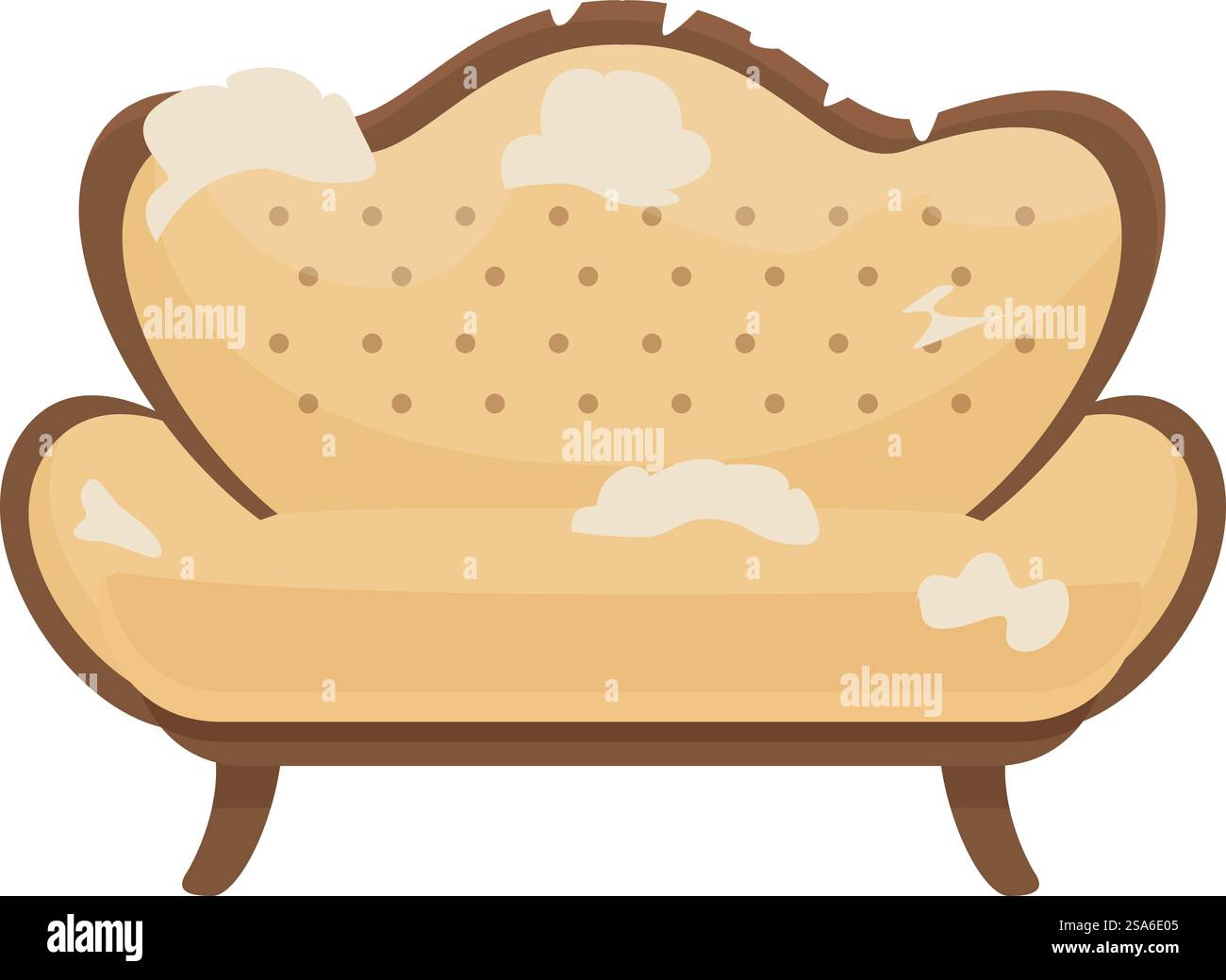 Old damaged sofa with torn upholstery, spots, scratches, and stains, in ...