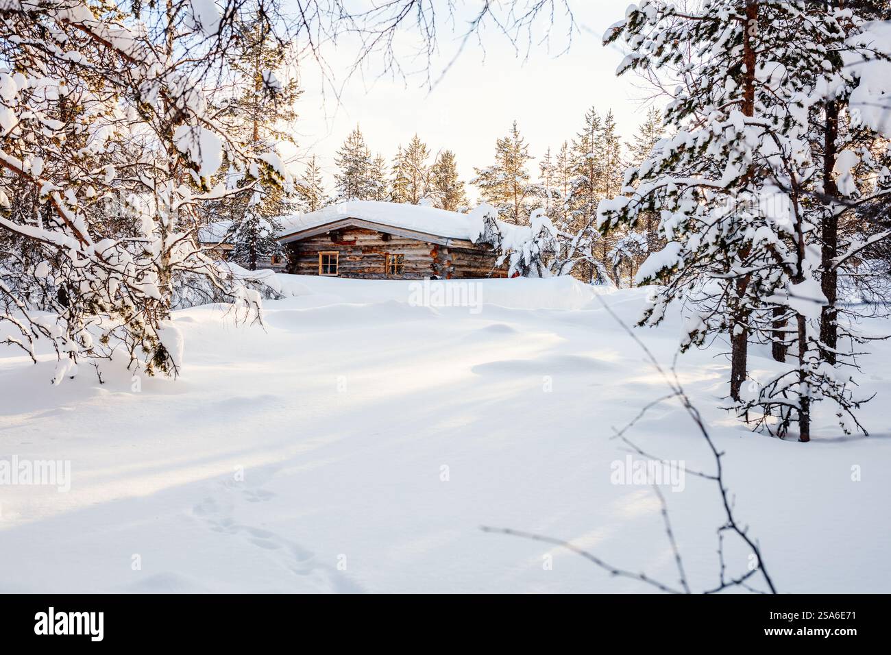 Beautiful winter landscape with wooden hut and snow covered trees in ...