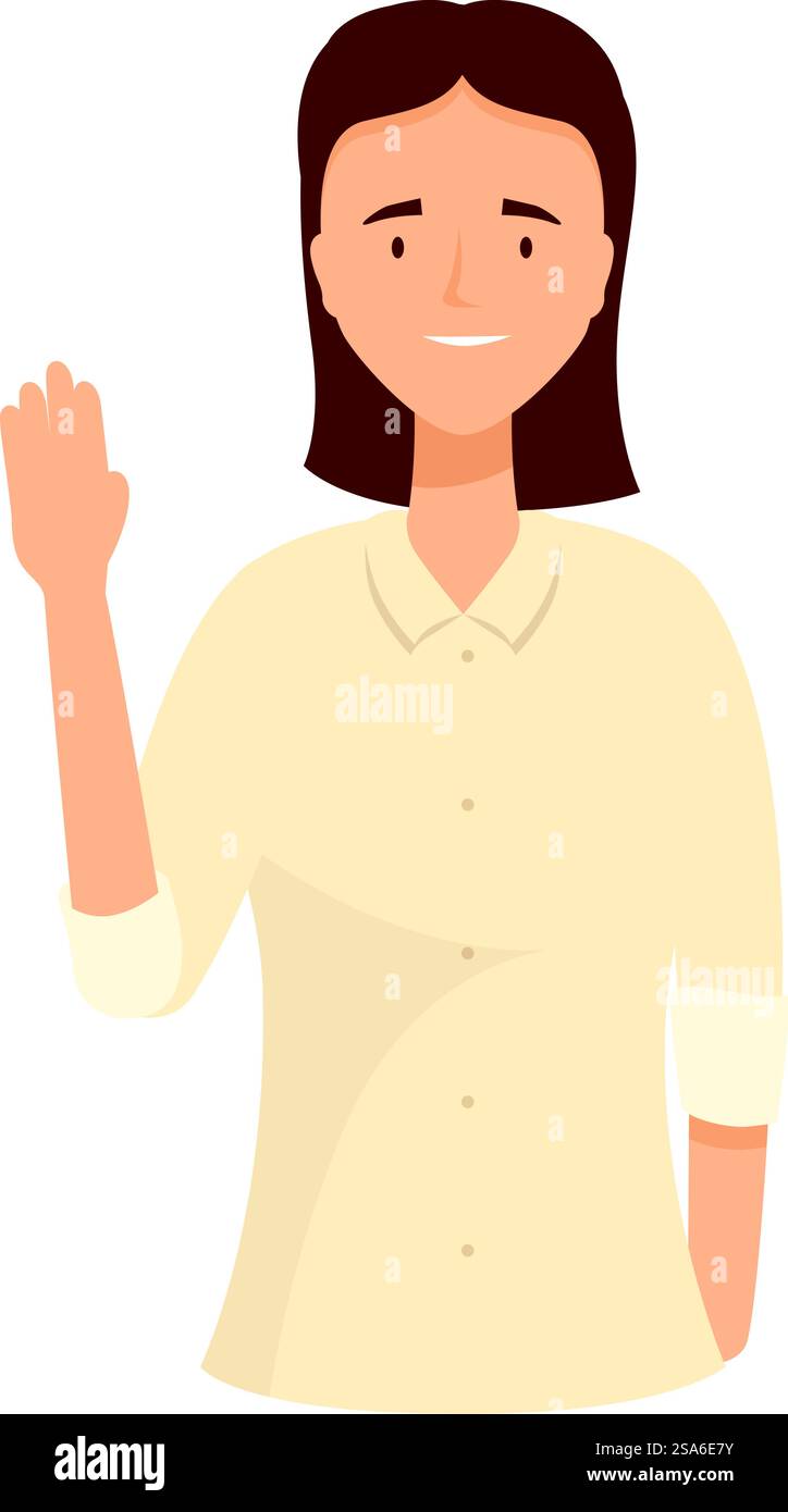 Young office worker with brown hair is waving her hand and smiling ...
