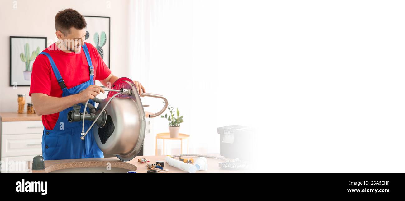 Plumber installing sink in kitchen. Banner for design Stock Photo - Alamy