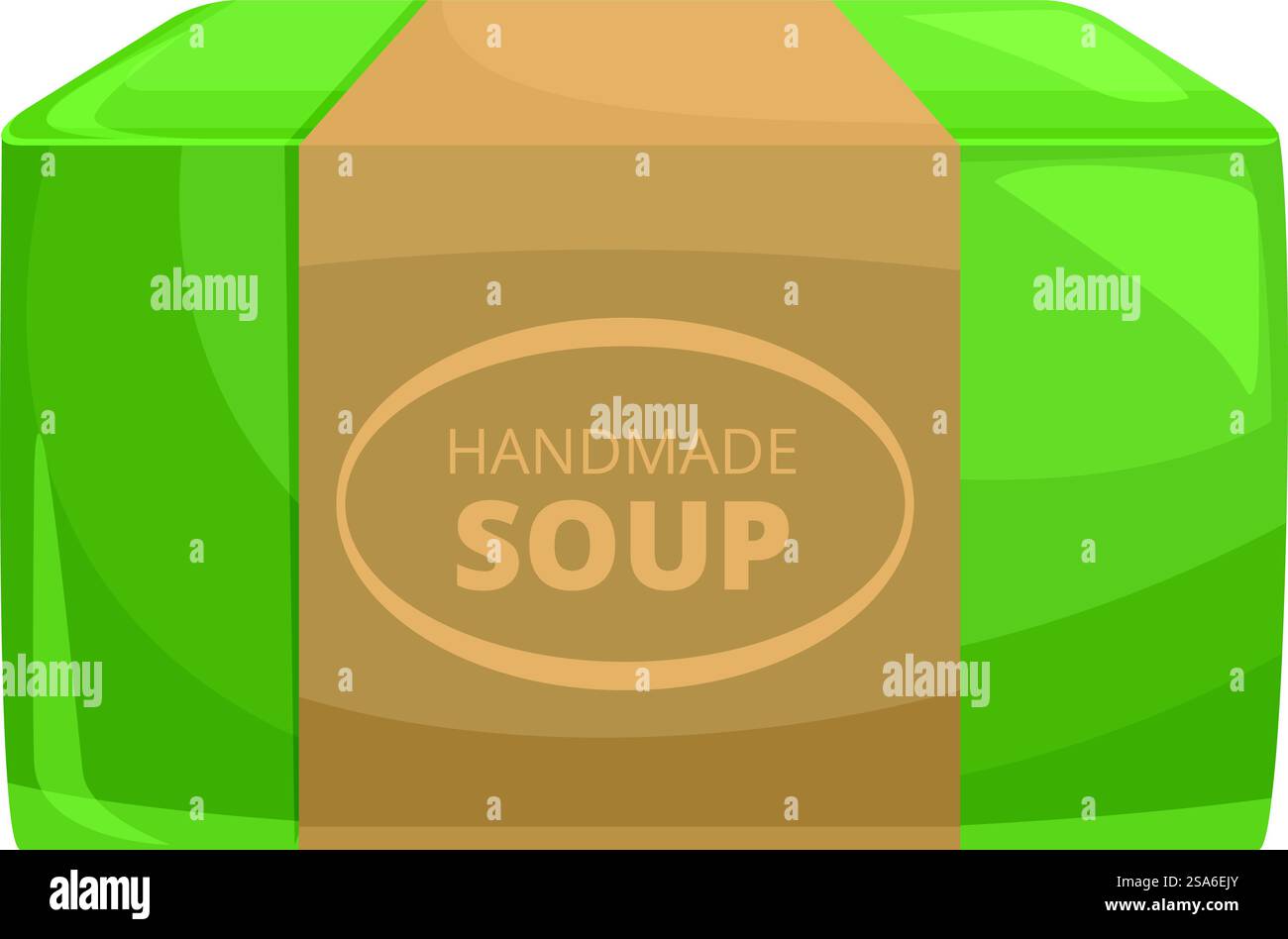 Green package of handmade soup with kraft label, promoting healthy ...
