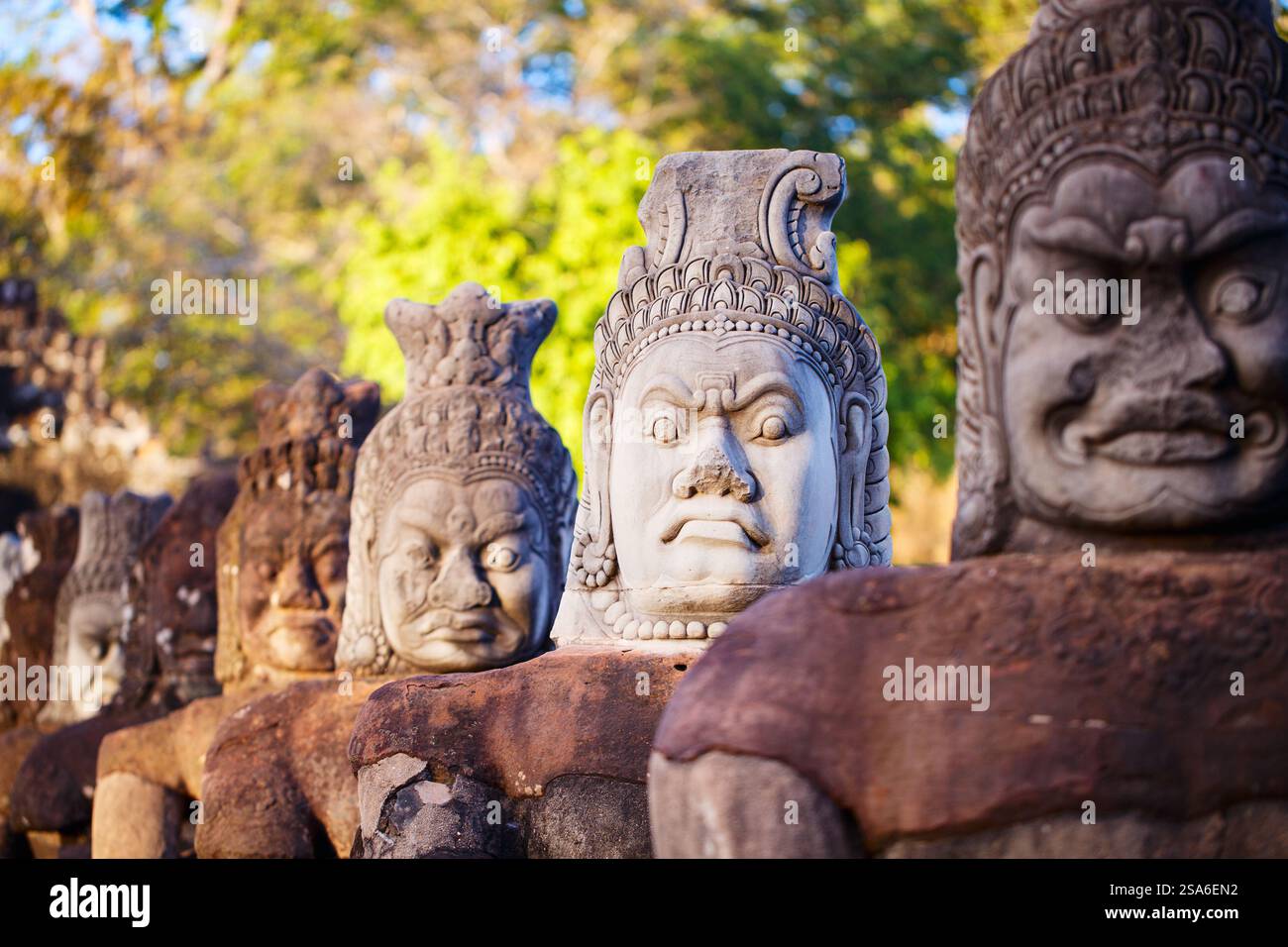 South Gate statues in Angkor Archeological area in Cambodia Stock Photo ...