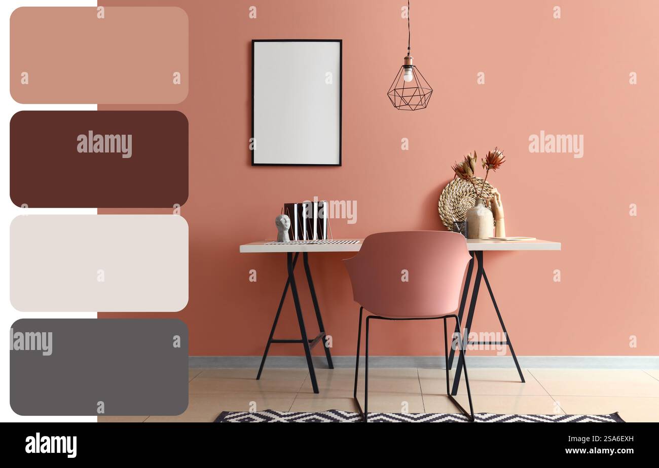 Interior of room with workplace near coral wall. Different color ...