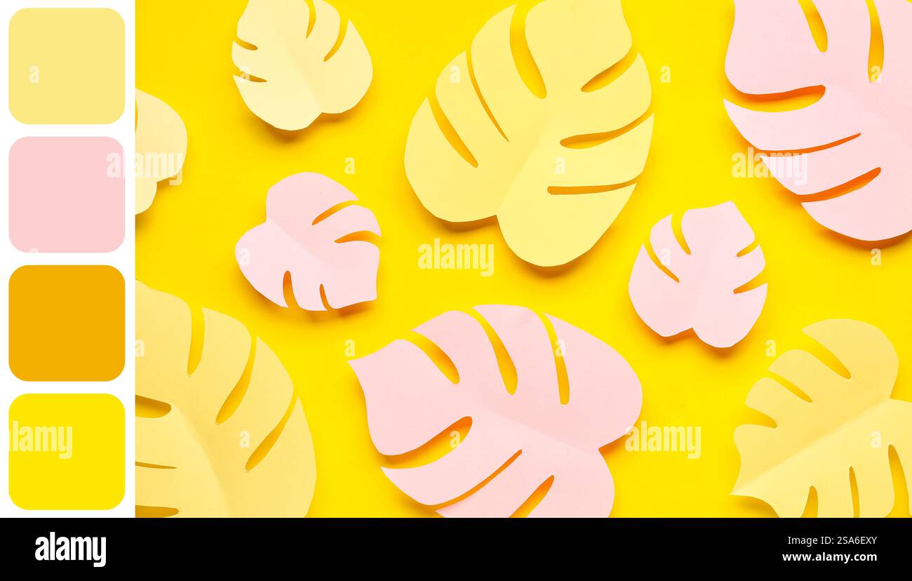 Paper tropical leaves on yellow background. Different color patterns ...
