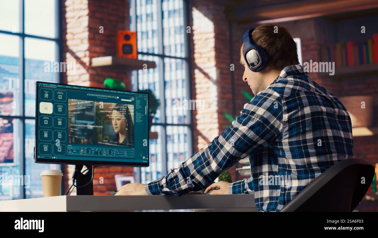 Man listening music while using AI program turning text prompt into ...