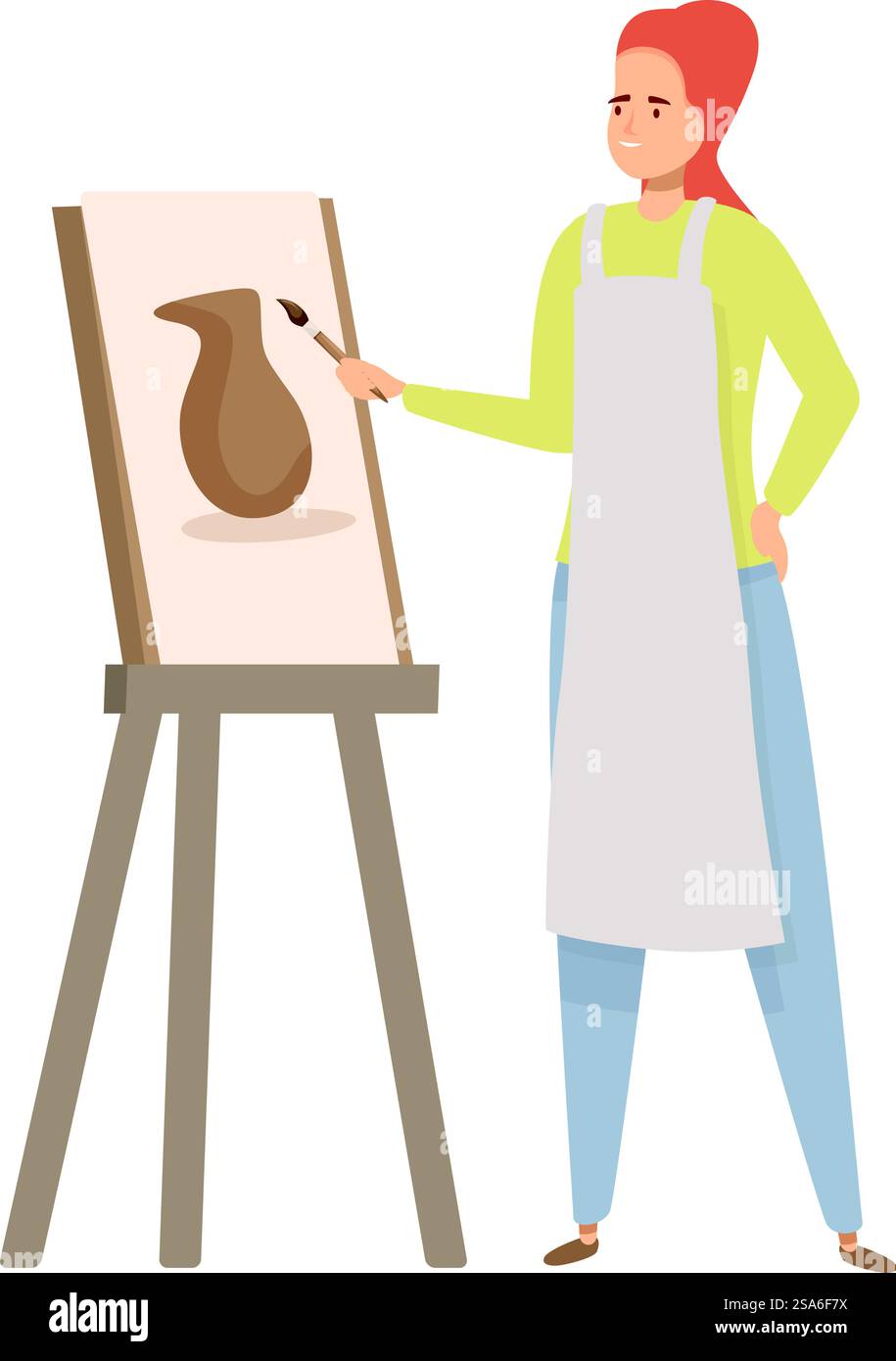 Painter wearing an apron is practicing art by painting a jug on a canvas in an art studio ...