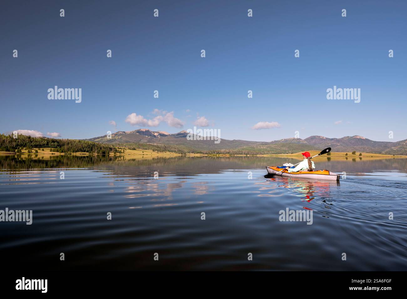USA, Colorado. Woman kayaking on Steamboat Lake. (MR Stock Photo - Alamy