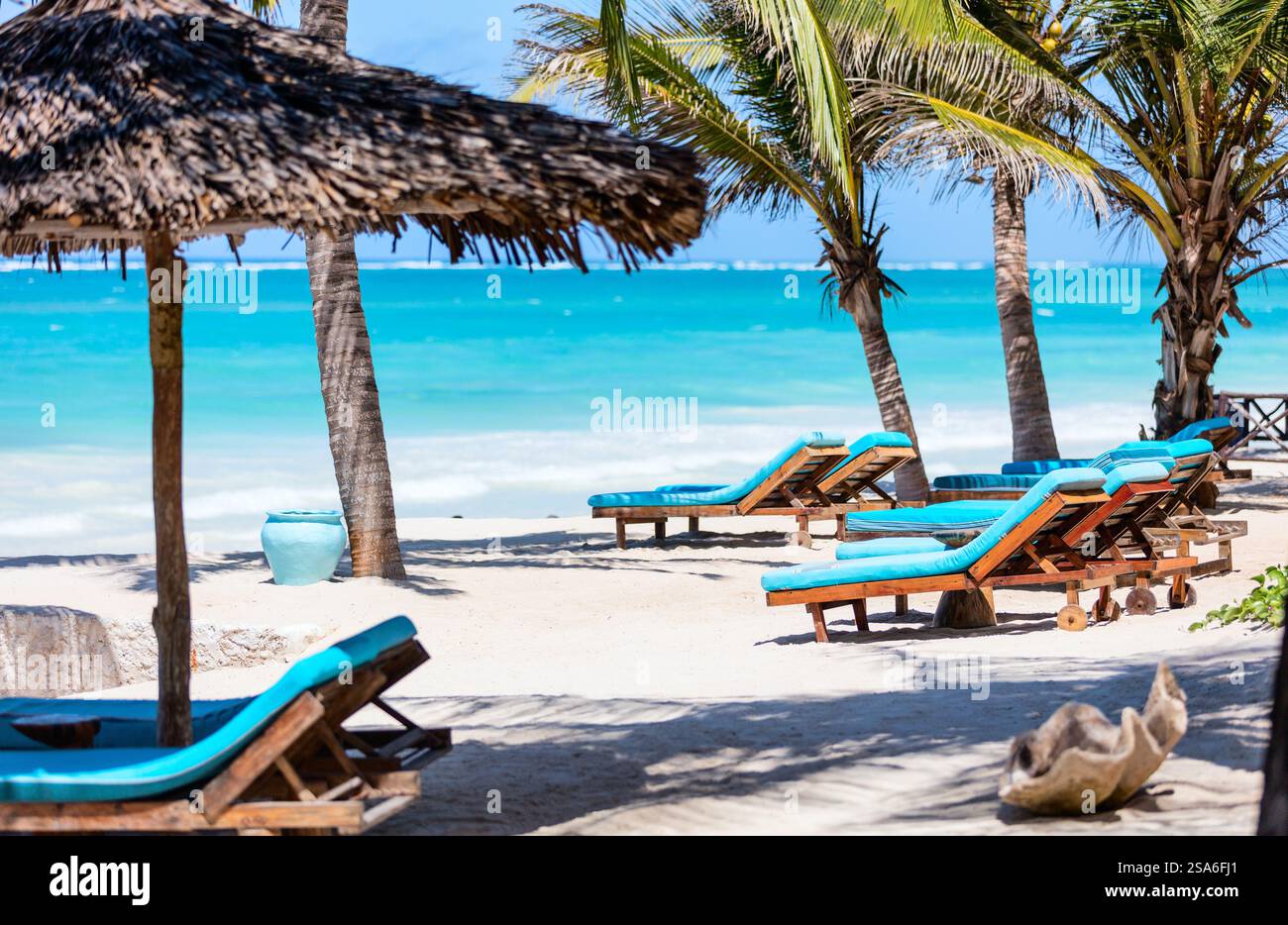 Beach beds among palm trees at perfect white sand tropical coast Stock ...