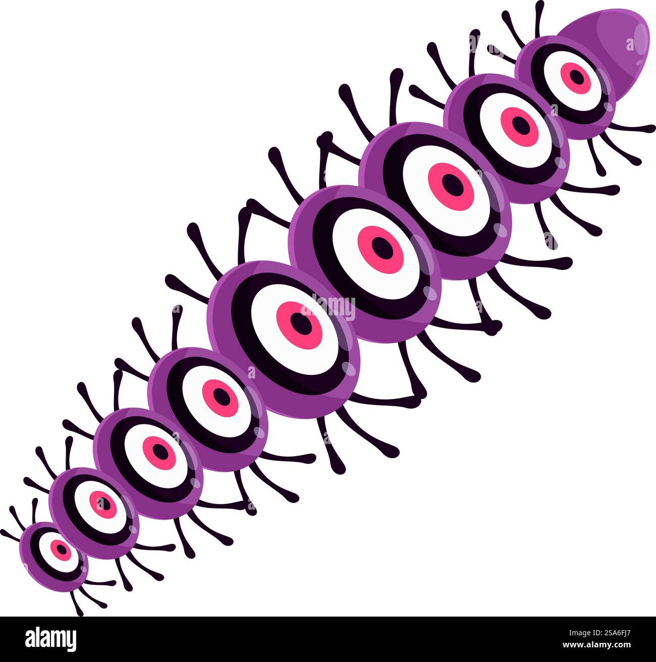 Cartoon illustration of a purple worm monster with many eyes crawling ...