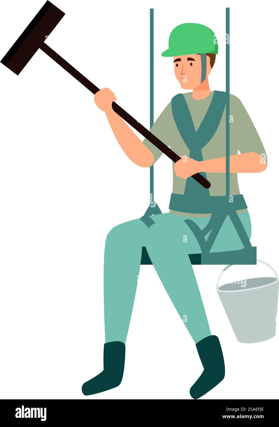 Window cleaner with a bucket and a squeegee working at height secured ...