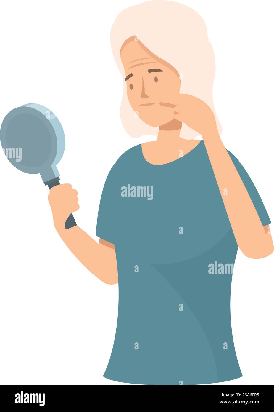 Senior woman worried about aging, holding magnifying glass and looking ...