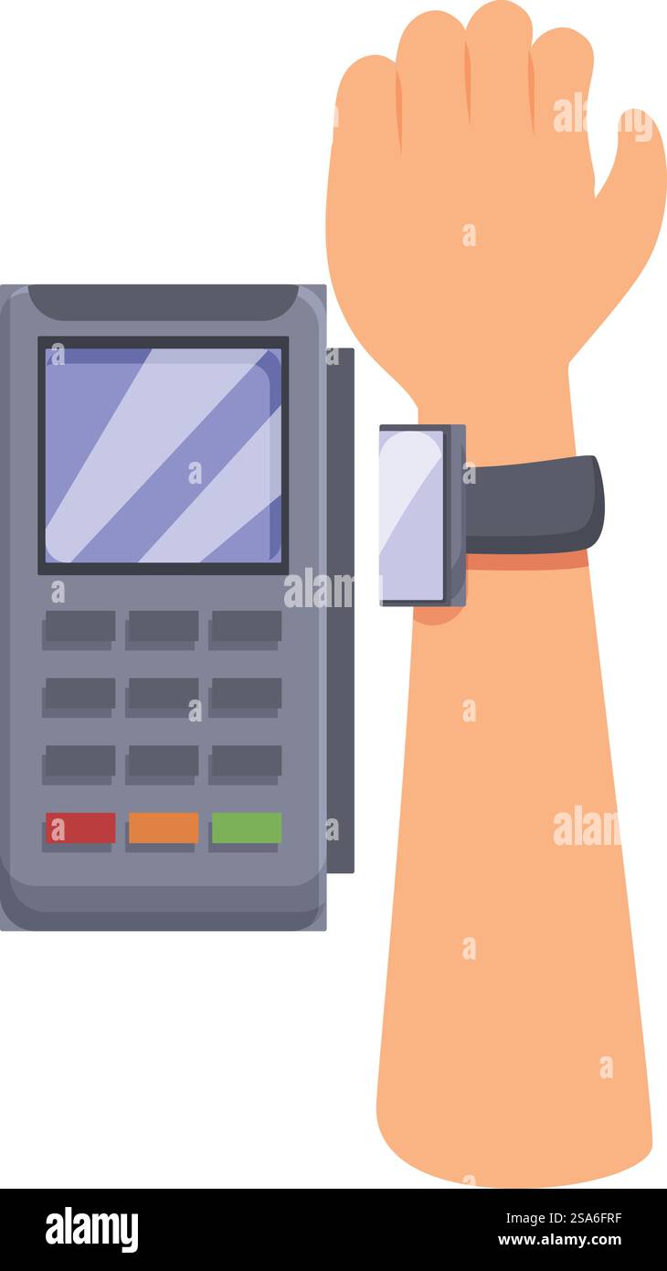 Hand with smartwatch making a contactless payment on a pos terminal ...