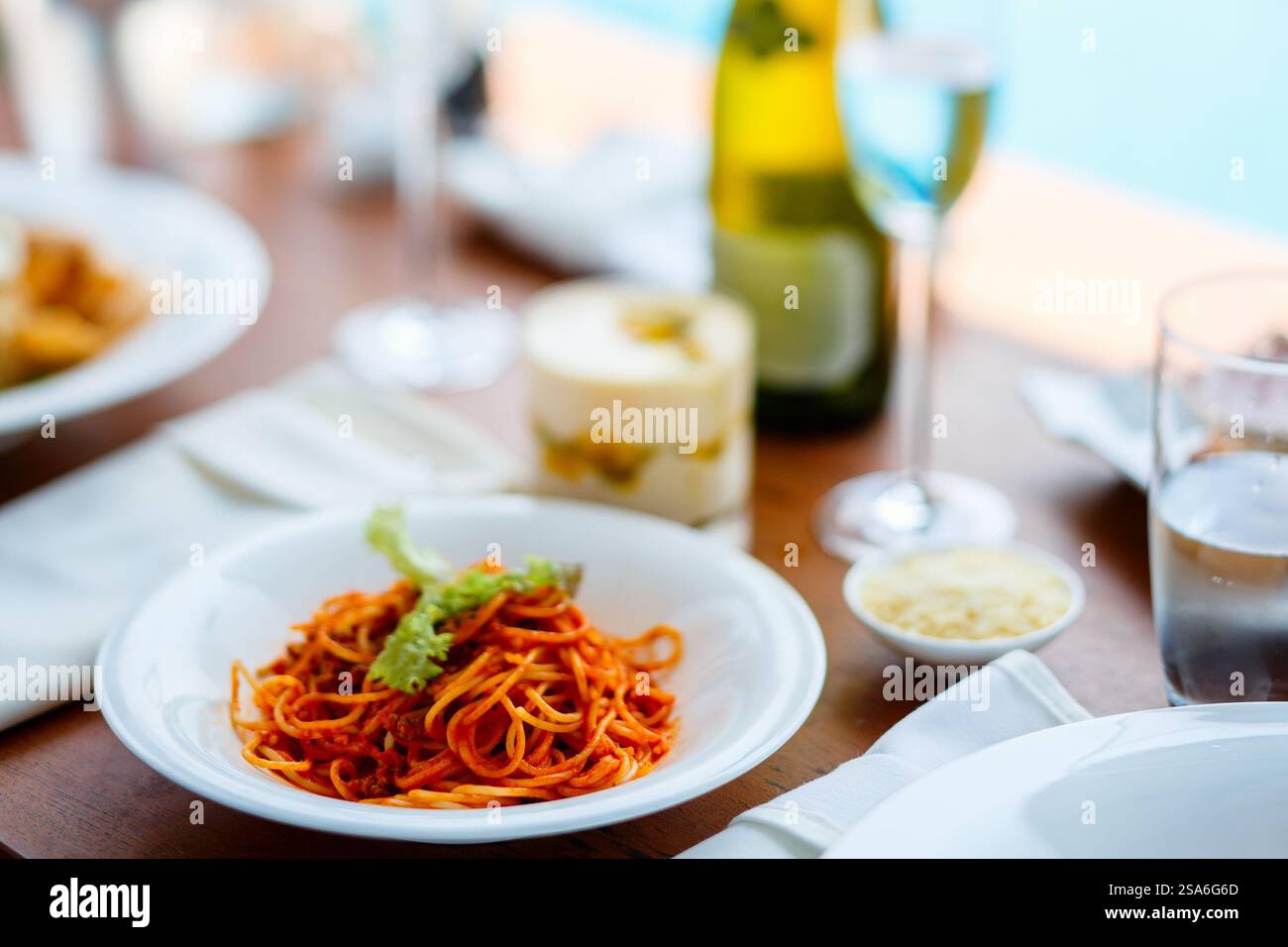 Delicious spaghetti bolognese served for lunch at luxury resort or ...