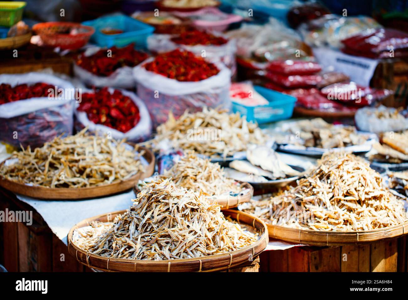 Different kinds of dried fish and shrimps at market in Myanmar Stock ...