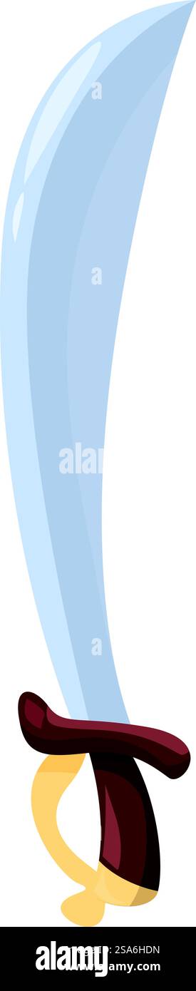Cartoon style icon of a curved sword with brown hilt and golden guard ...