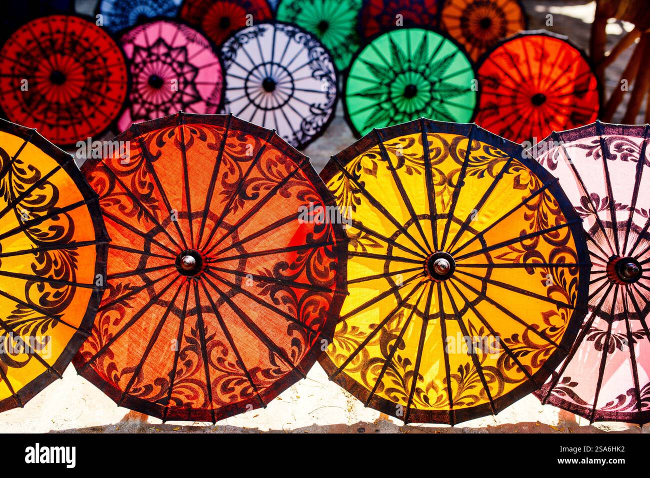 Colorful traditional parasols handmade in factory in Myanmar Stock ...