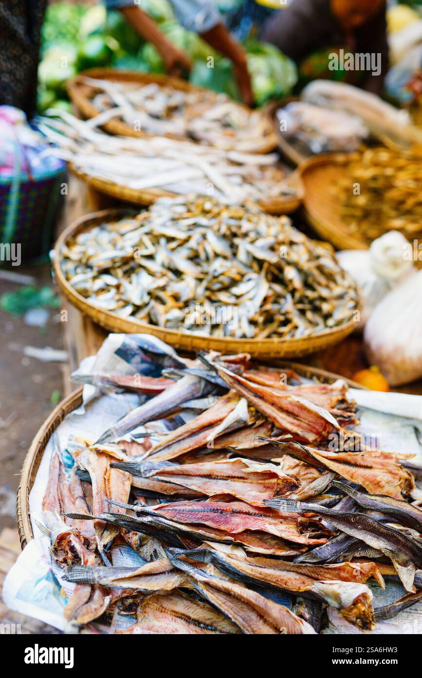 Different kinds of dried fish and shrimps at market in Myanmar Stock ...