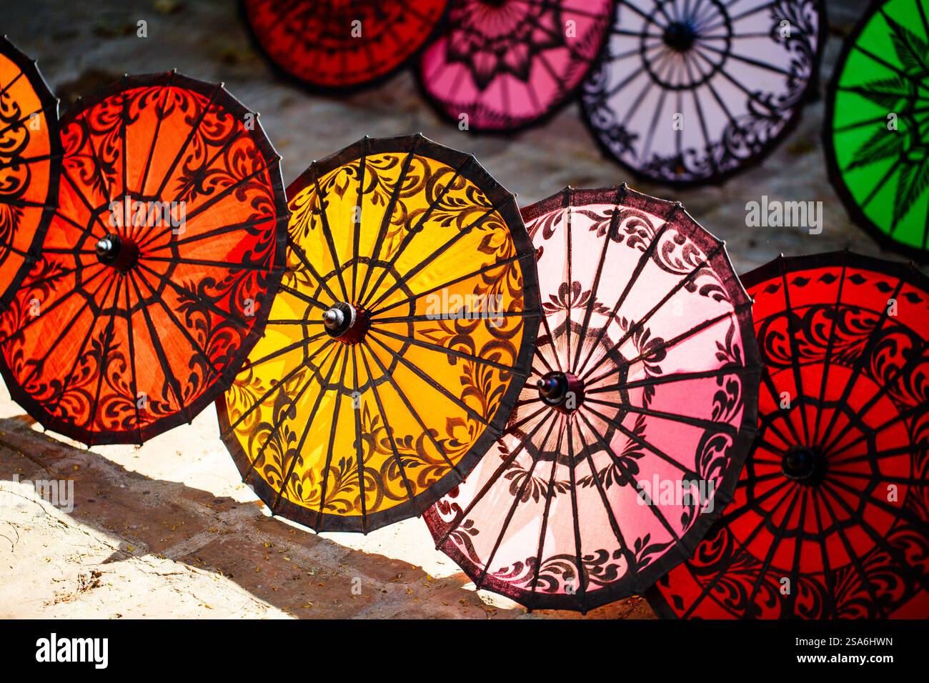 Colorful traditional parasols handmade in factory in Myanmar Stock ...