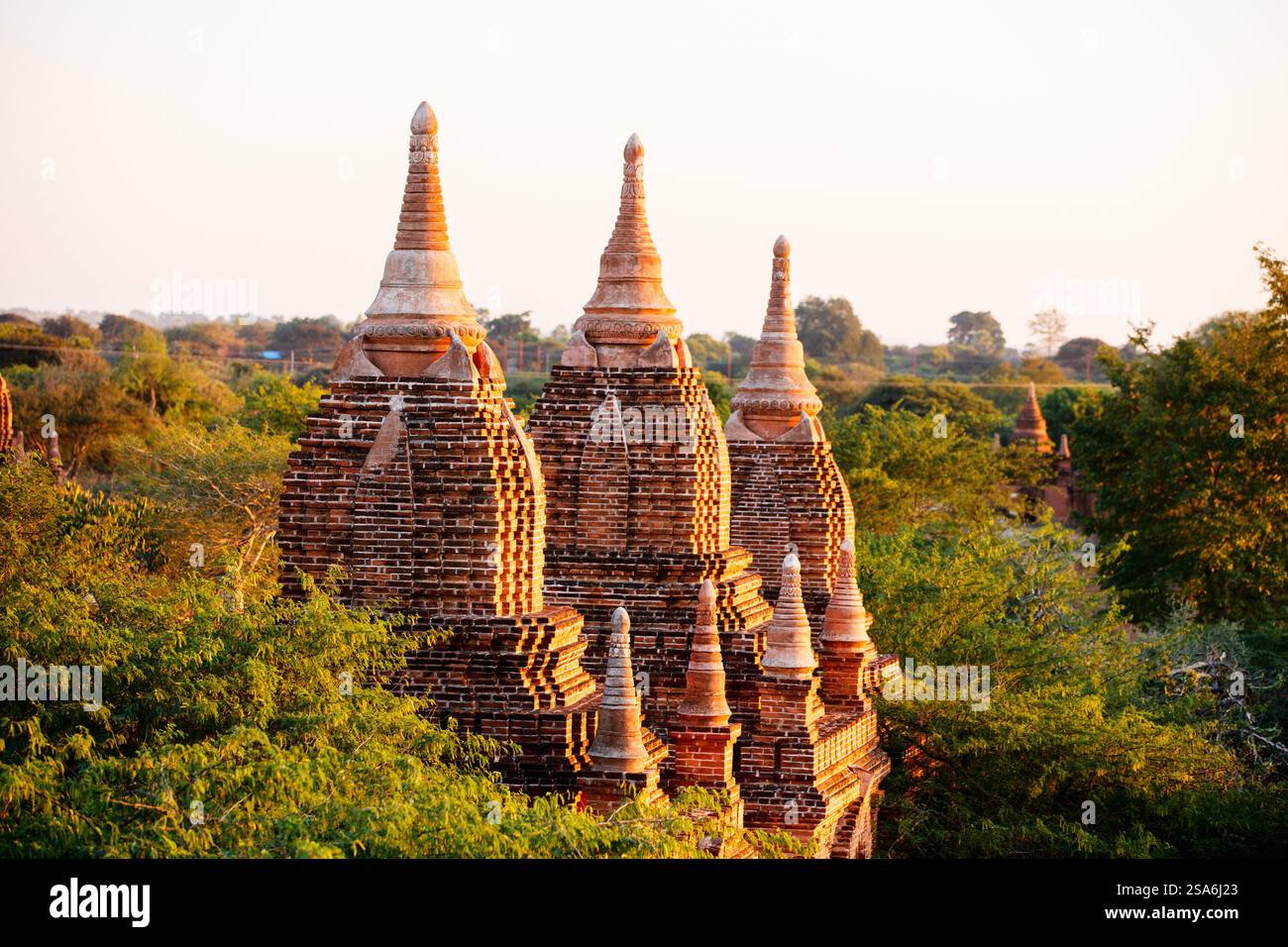 Stunning view of historic buddhist pagodas in Bagan Archeological area ...