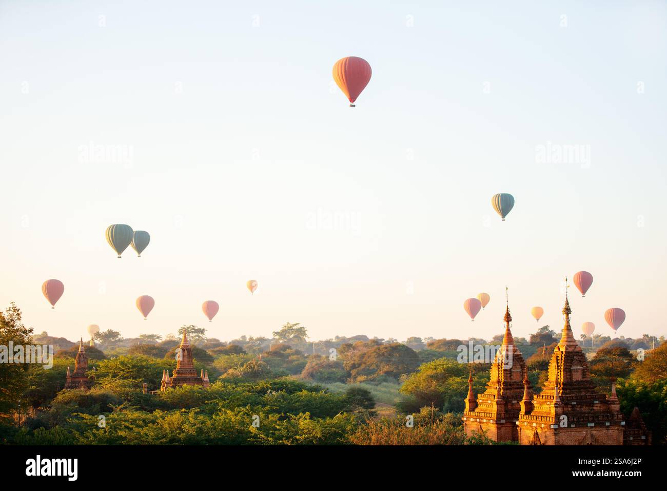 Stunning landscape view of hot air balloons fly over thousands of ...