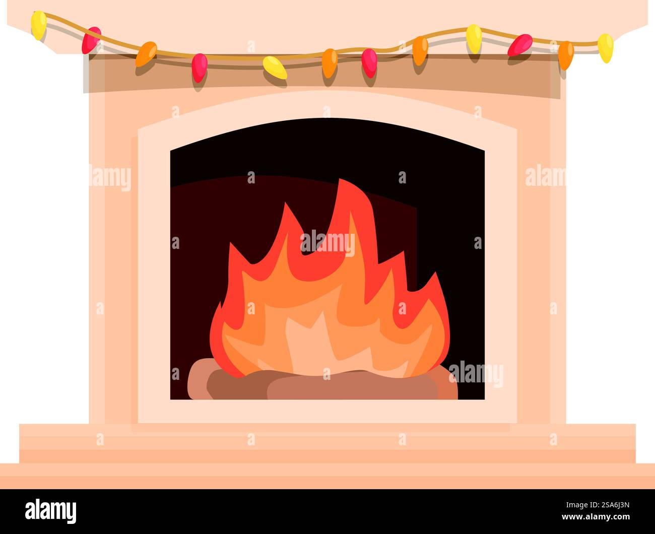 Warm fire burning in a classic fireplace decorated for holidays ...