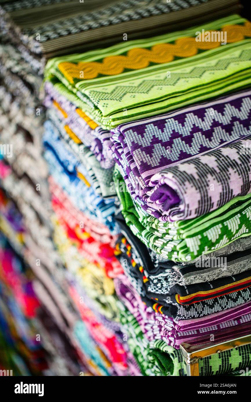 Colorful textiles and fabrics at traditional market in Myanmar Stock ...
